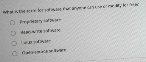 Solved: What is the term for software that anyone can use or modify for ...