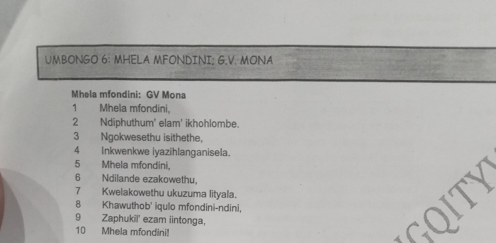 Solved: UMBONGO 6: MHELA MFONDINI; G.V. MONA Mhela mfondini: GV Mona 1 Mhela mfondini, 2€ Ndiph ...