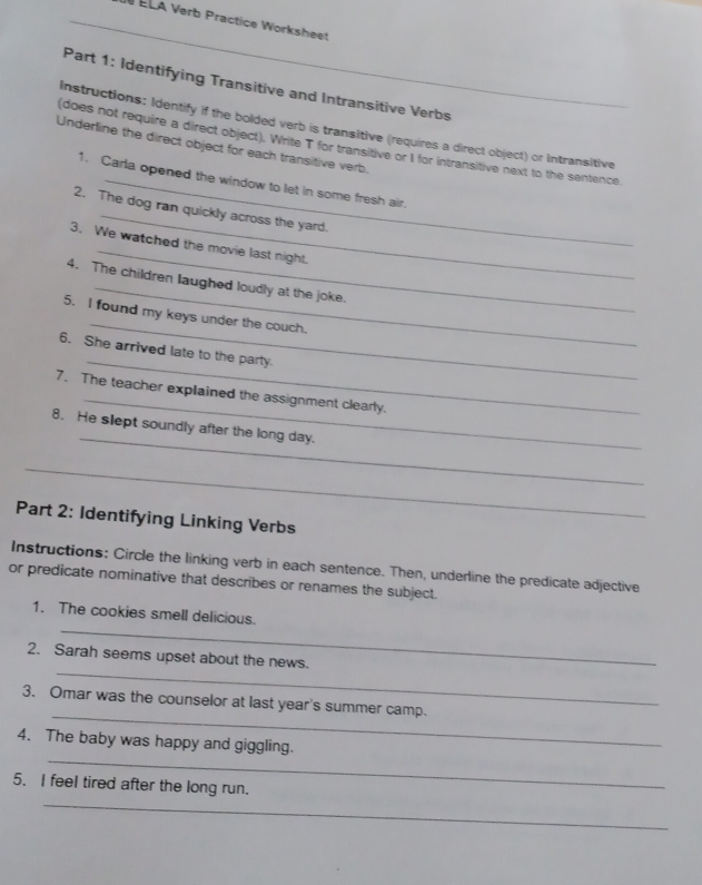 Solved: # ELA Verb Practice Worksheet Part 1: Identifying Transitive ...