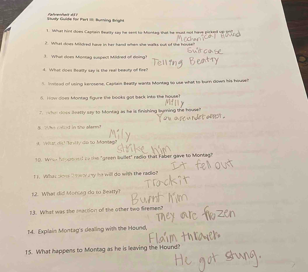 Fahrenheit 451 Study Guide for Part III: Burning Bright 1. What hint ...