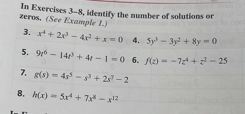 In Exercises 3-8, identify the number of solutions or zeros. (See ...