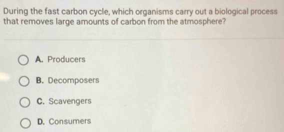Solved: During the fast carbon cycle, which organisms carry out a ...