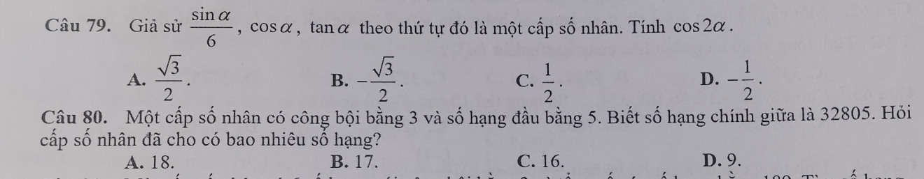 Giải quyết:Giả sử sin alpha /6 , cos alpha , tan α theo thứ tự đó là ...