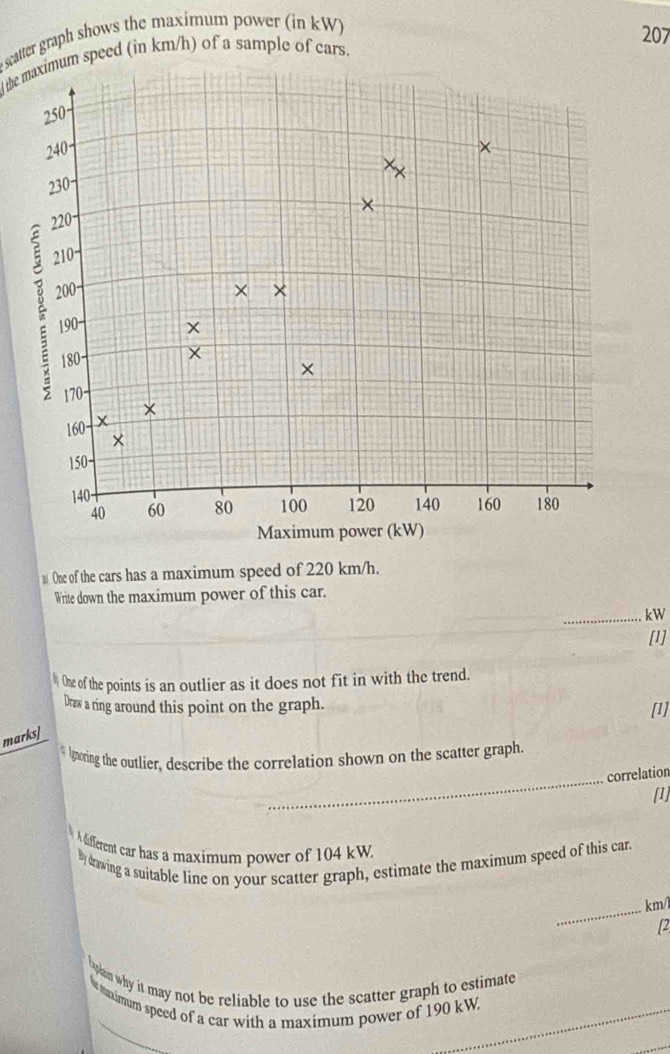 Solved: scatter graph shows the maximum power (in kW) 207 the maximum ...