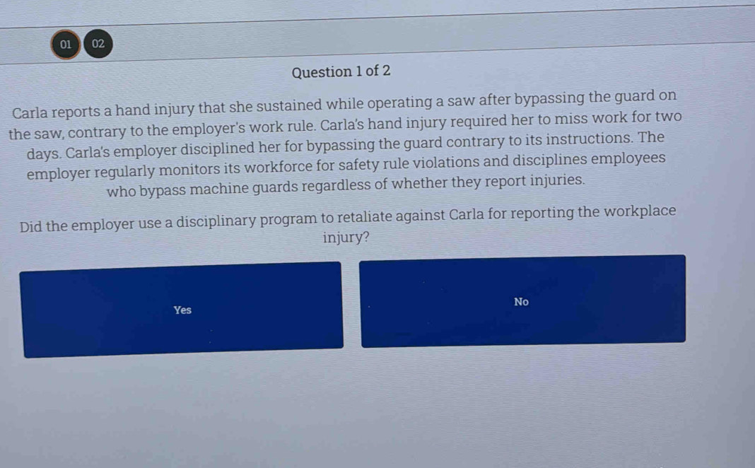Solved: 01 02 Question 1 of 2 Carla reports a hand injury that she ...
