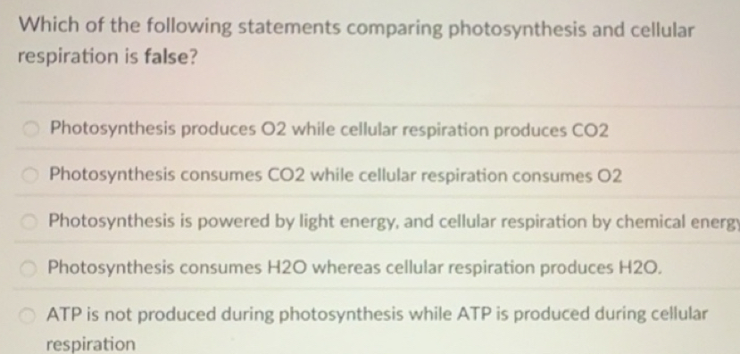 Solved: Which of the following statements comparing photosynthesis and ...