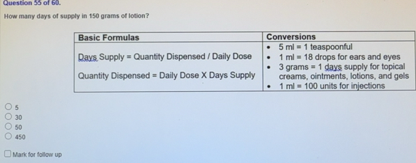 Solved: of 60. How many days of supply in 150 grams of lotion? 5 30 50 ...