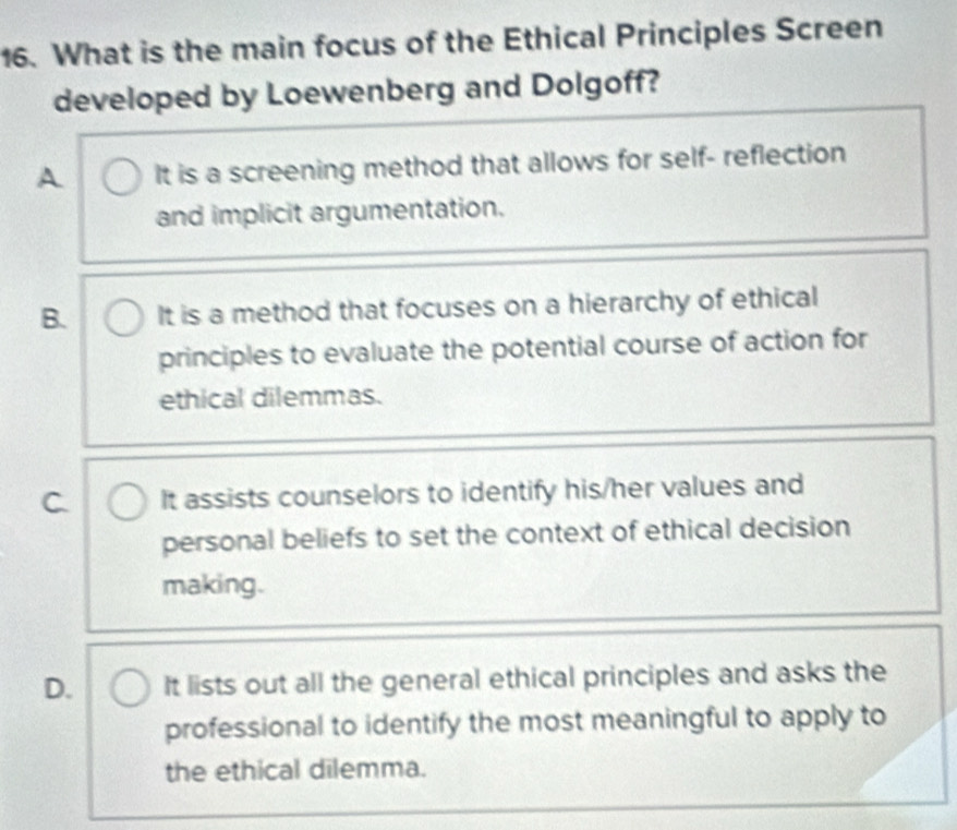 Solved: What is the main focus of the Ethical Principles Screen ...