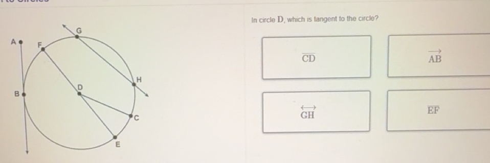 Solved: In circle D, which is tangent to the circle? overline CD vector ...