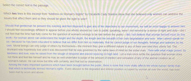 Solved: Select the correct text in the passage. Which two lines in this ...