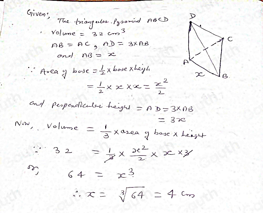 Solved: The triangular based pyramid ABCD is shown. The base ABC is a right-angled triangle and ...