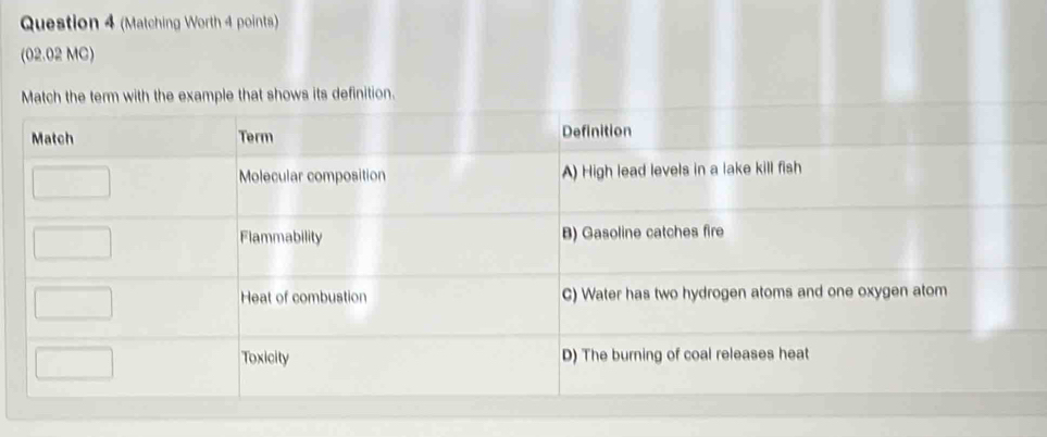 Solved: (Matching Worth 4 points) (02.02 MC) he term with the example ...