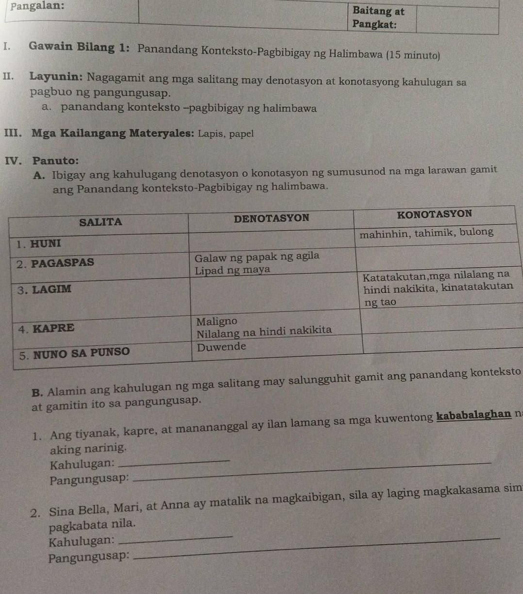 Solved: Gawain Bilang 1: Panandang Konteksto-Pagbibigay ng Halimbawa ...