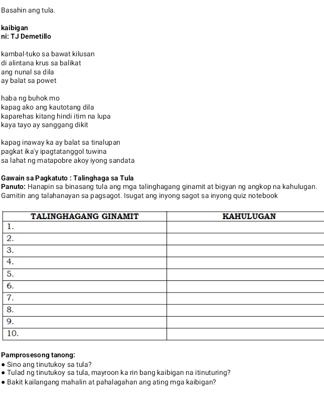 Solved: Basahin ang tula. kaibigan ni: TJ Demetillo kambal-tuko sa ...