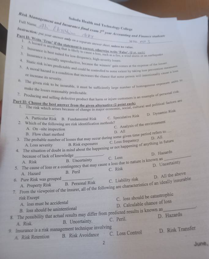 Solved: Full Name Soloda Health and Technology College Risk Management ...