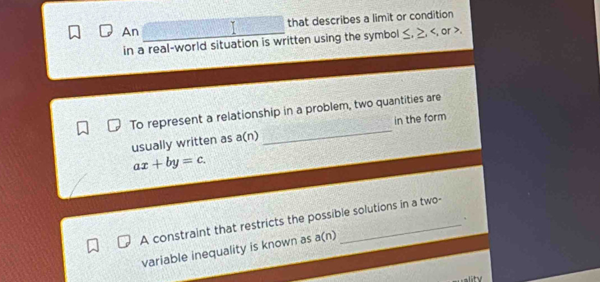 Solved: An that describes a limit or condition in a real-world ...