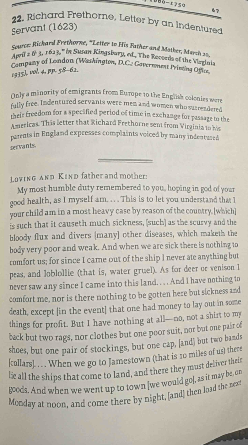 Solved: 60-1750 67 22. Richard Frethorne, Letter by an Indentured ...