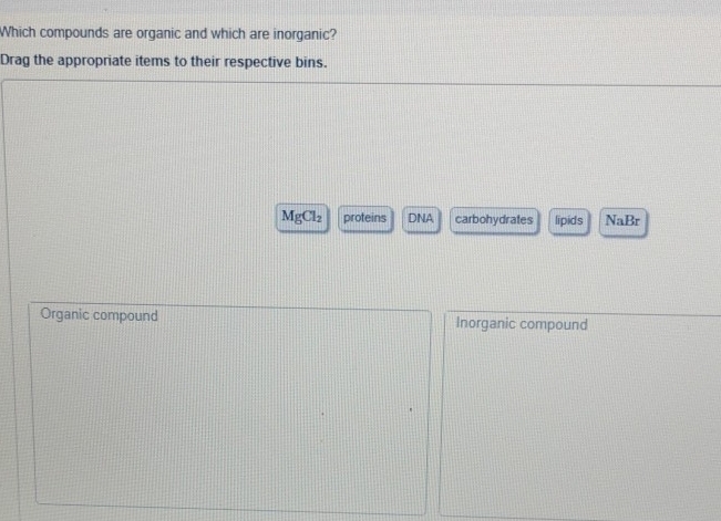 Solved: Which compounds are organic and which are inorganic? Drag the ...