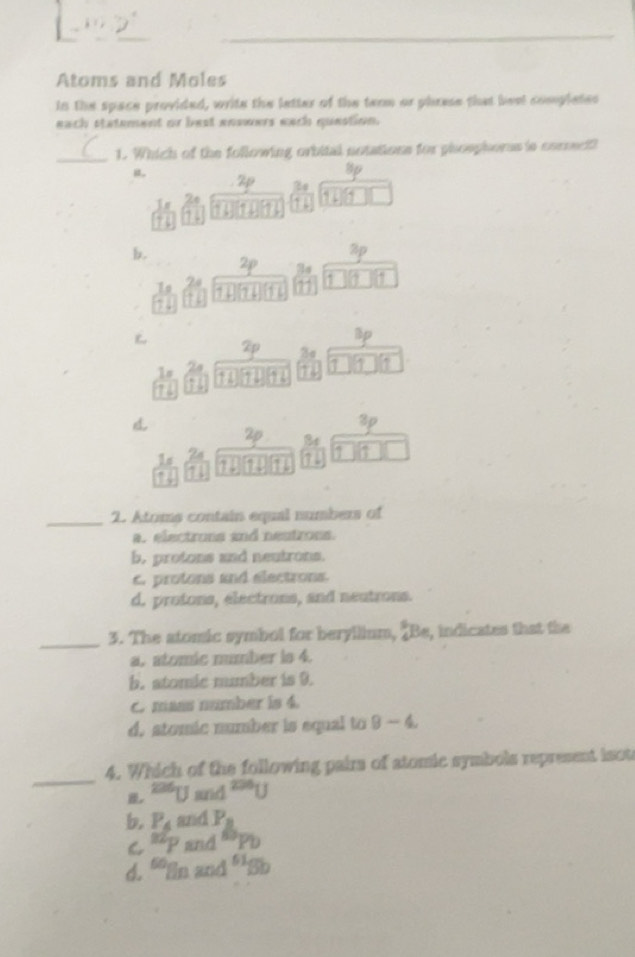 Solved: Atoms and Moles In the space provided, write the letter of the ...