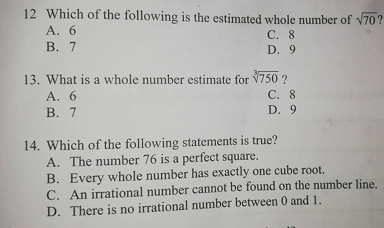 Solved: Which of the following is the estimated whole number of sqrt(70 ...