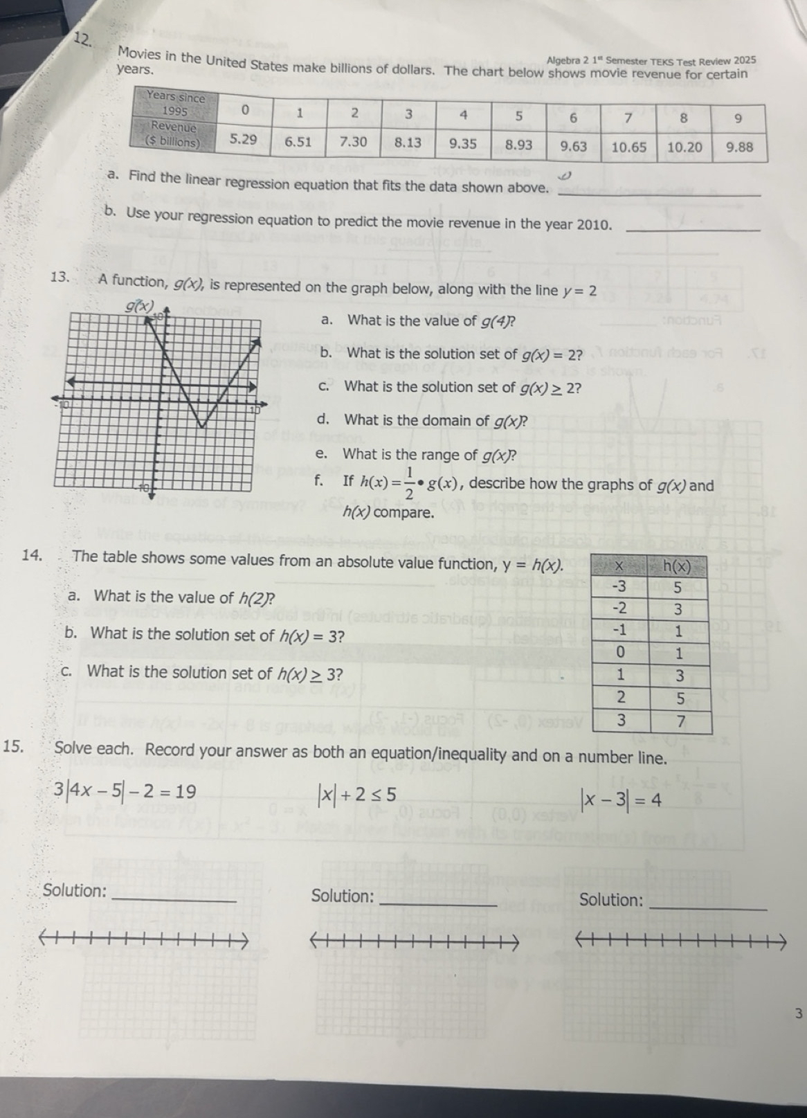Solved: Algebra 21^(st) years. Semester TEKS Test Review 2025 Movies in ...