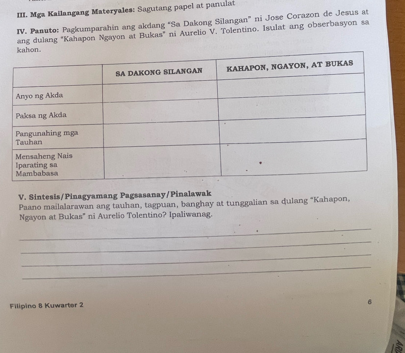 Solved: Mga Kailangang Materyales: Sagutang papel at panulat IV. Panuto ...