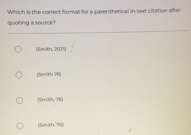 Solved: Which is the correct format for a parenthetical in-text ...