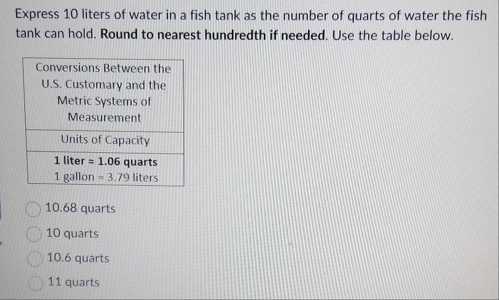 Solved: Express 10 liters of water in a fish tank as the number of ...