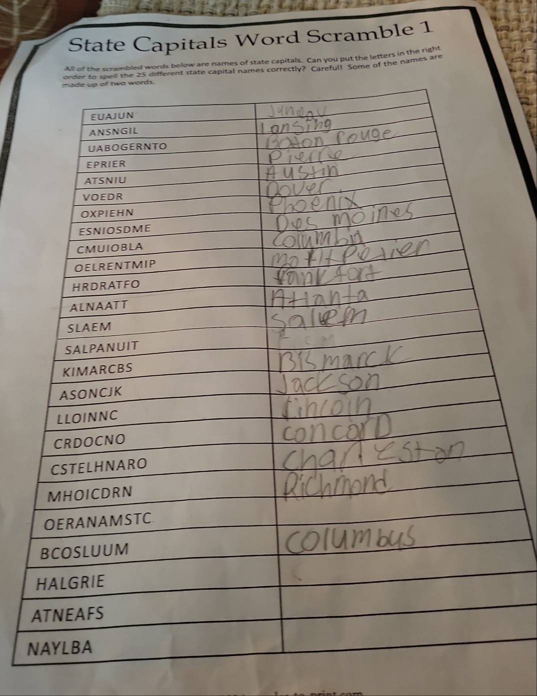 Solved: State Capitals Word Scramble 1 All of the scrambled words below ...
