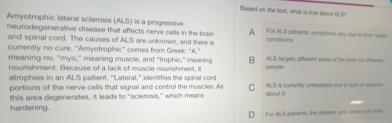 Solved: Based on the text, what is true about ALS? Amyotrophic lateral ...