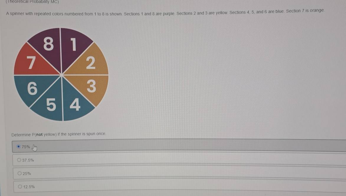 Solved: (Theoretical Probability MC) A spinner with repeated colors ...