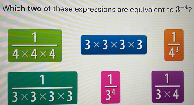 Solved: Which two of these expressions are equivalent to 3^(-4) ? 1/4* 4* 4 3* 3* 3* 3 1/4^3 [Math]