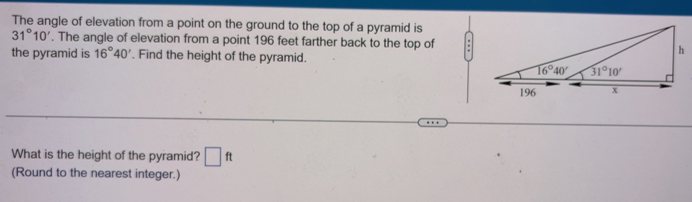 Solved: The angle of elevation from a point on the ground to the top of ...