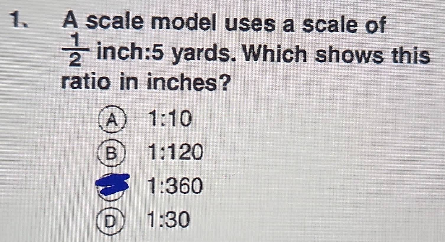 Solved: A scale model uses a scale of 1/2 inch:5 yards. Which shows ...