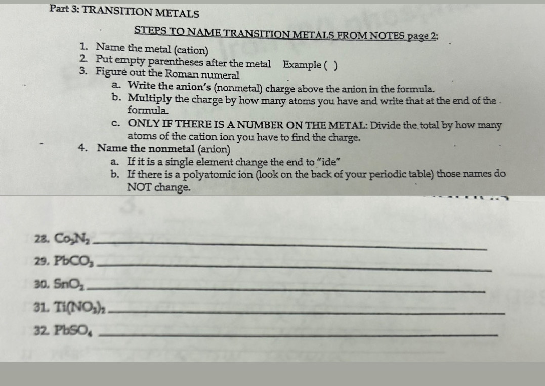 Solved: TRANSITION METALS STEPS TO NAME TRANSITION METALS FROM NOTES ...