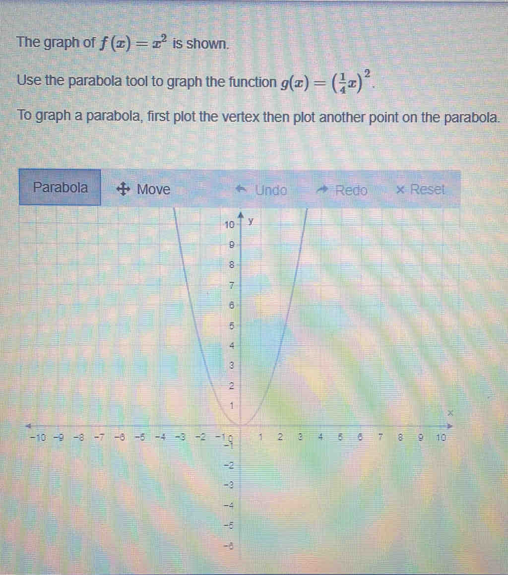 Solved: The graph of f(x)=x^2 is shown. Use the parabola tool to graph ... Solved: The graph of f(x)=x^2 is shown. Use the parabola tool to graph ...