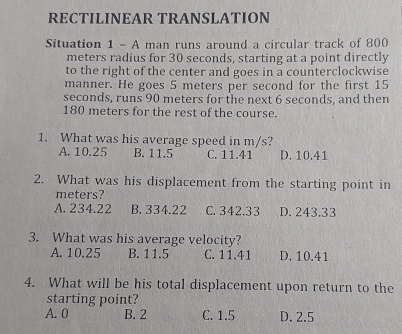 Solved: RECTILINEAR TRANSLATION Situation 1 - A man runs around a ...