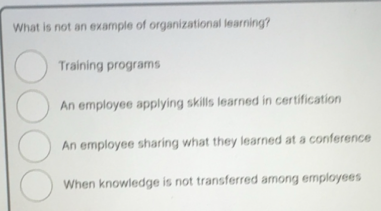 Solved: What is not an example of organizational learning? Training ...