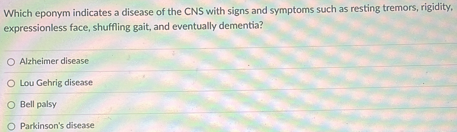 Solved: Which eponym indicates a disease of the CNS with signs and ...