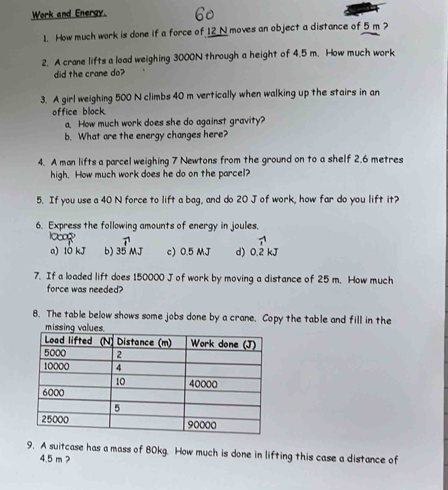 Solved: Work and Energy 1. How much work is done if a force of 12 N ...