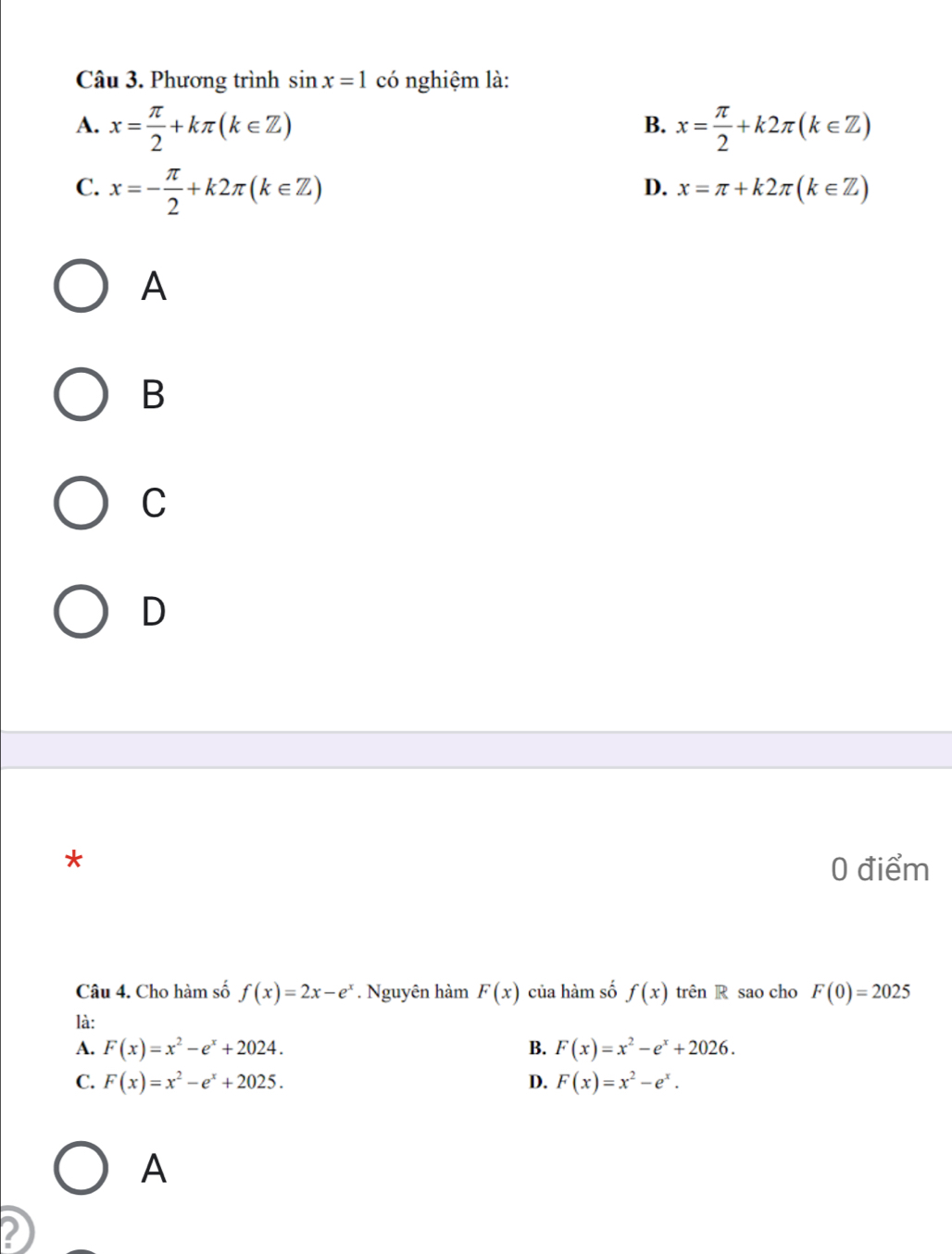 Giải quyết:Phương trình sin x=1 có nghiệm là: A. x= π /2 +kπ (k∈ Z) x ...