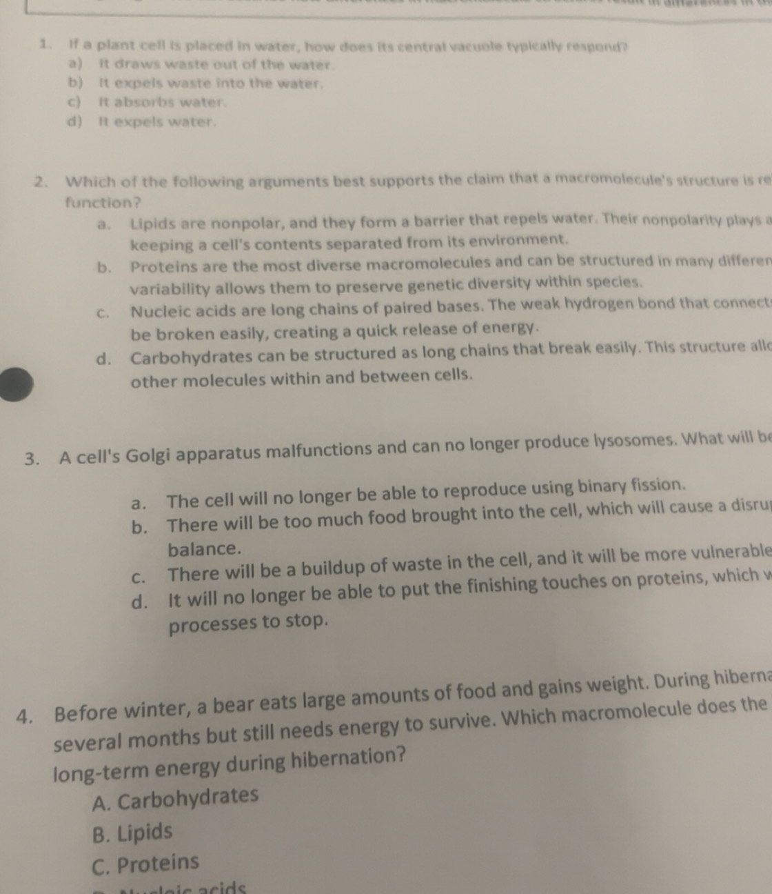 Solved: If a plant cell is placed in water, how does its central ...