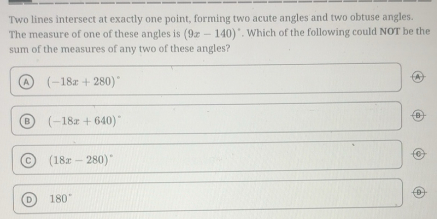 Solved: Two lines intersect at exactly one point, forming two acute ...