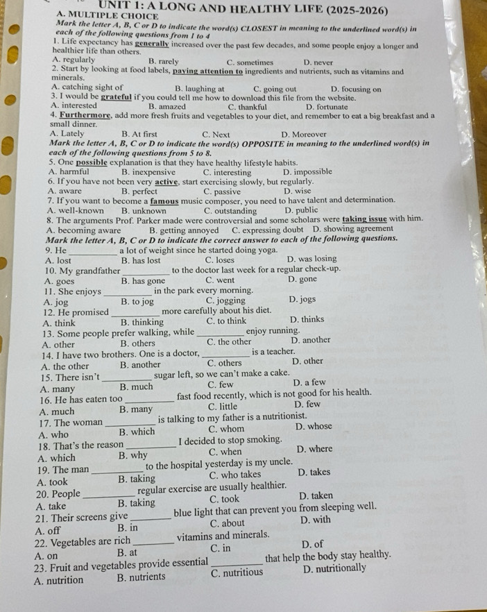 Giải quyết:A LONG AND HEALTHY LIFE (2025-2026) A. MULTIPLE CHOICE Mark ...