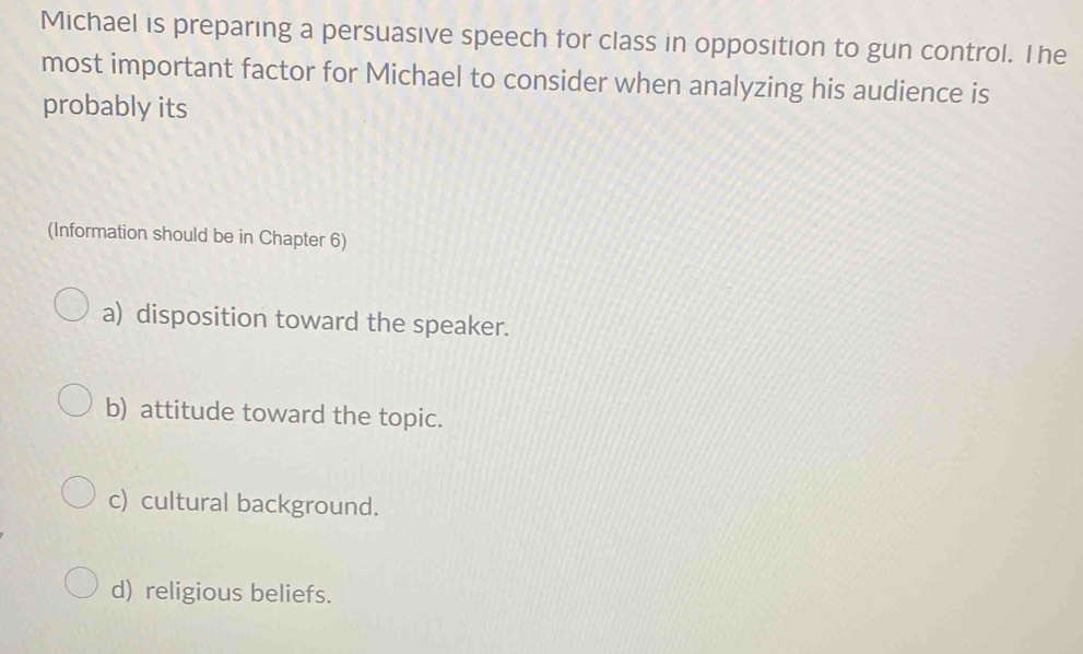 Solved: Michael is preparing a persuasive speech for class in ...