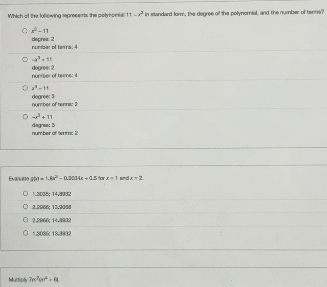 Solved: Which of the following represents the polynomial 11-x^3 in ...