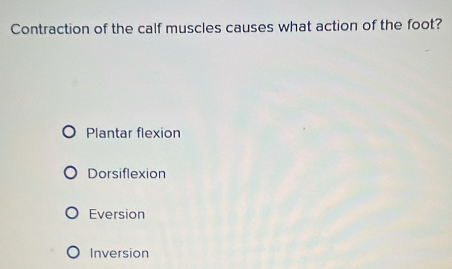 Solved: Contraction of the calf muscles causes what action of the foot ...