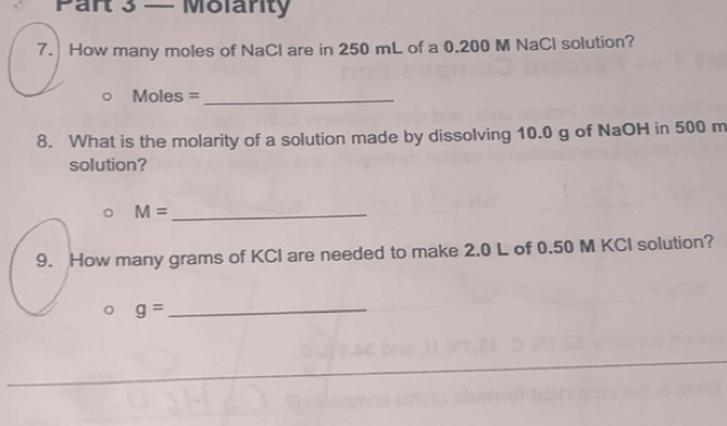 Solved: — Molarity 7. How many moles of NaCl are in 250 mL of a 0.200 M ...