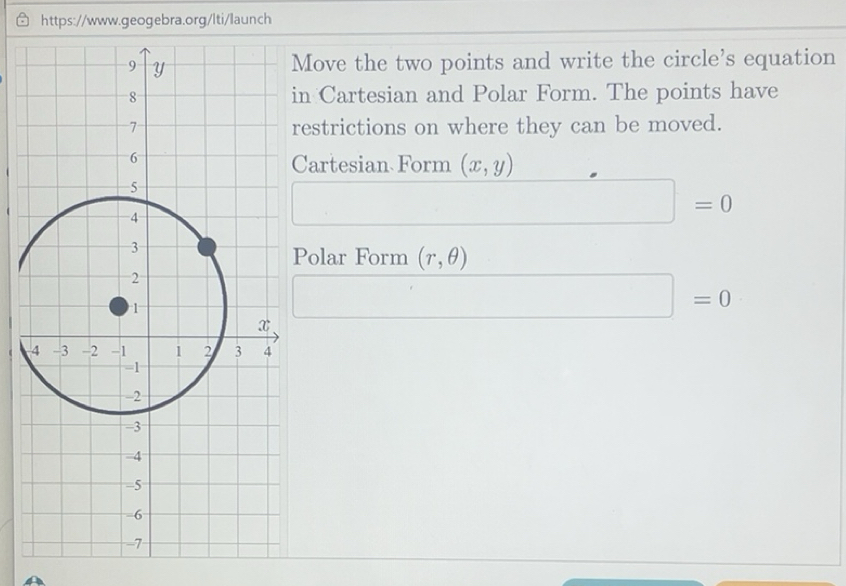 Solved: Move the two points and write the circle's equation in ...