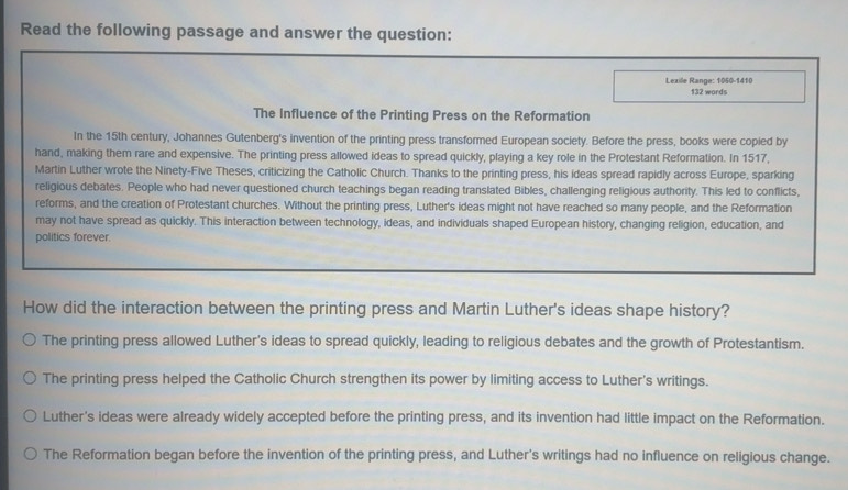 Solved: Read the following passage and answer the question: Lexille ...